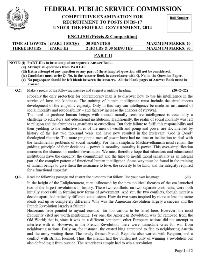 CSS English Precis And Composition Paper 2014 - Askedon